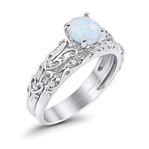 Blue Apple Co. Art Deco Two Piece Wedding Engagement Bridal Set Created White Opal Round Cubic Zirconia 925 Sterling Silver, Size-7