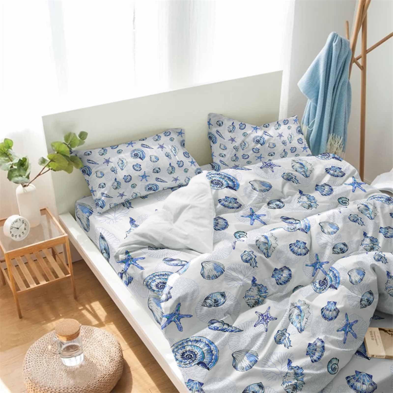 Cal KingDuvet Covers Set Coastal Beach Starfish Shells Seamless 4 Pcs Bedding Sets Brushed Microfiber Quilt Covers Lightweight Cozy Flat Sheet with 2 Pillowcases Nautical Conch Blue Gradient