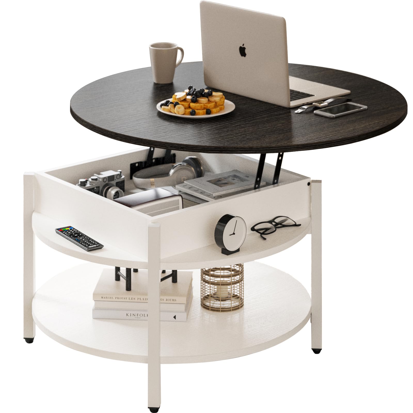 FABATO Round Lift Top Coffee Table with Storage and Hidden Compartment, 26.77'' Farmhouse Coffee Table for Living Room Reception Room, 2 Tier Small Round Coffee Table Circle Dining Table, White