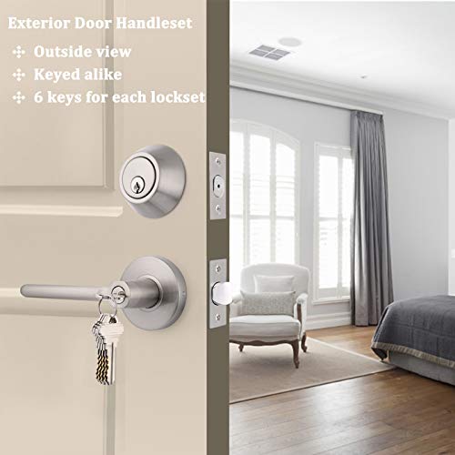 Gobrico Keyed Alike Entry Door Locksets with Double Cylinder Deadbolt Lock Combo Sets,Brushed Nickel Exterior Entrance Door Levers,Front Door Handle Sets,3 Pack