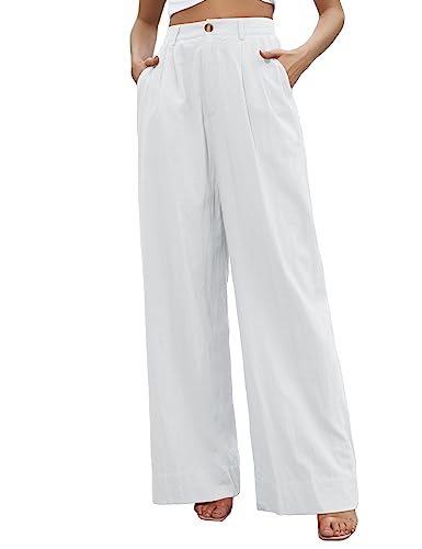 Kocowoo Linen Wide Leg Dress Pants for Women High Waisted Palazzo Pants Casual Lounge Beach Trousers with Pocket. White