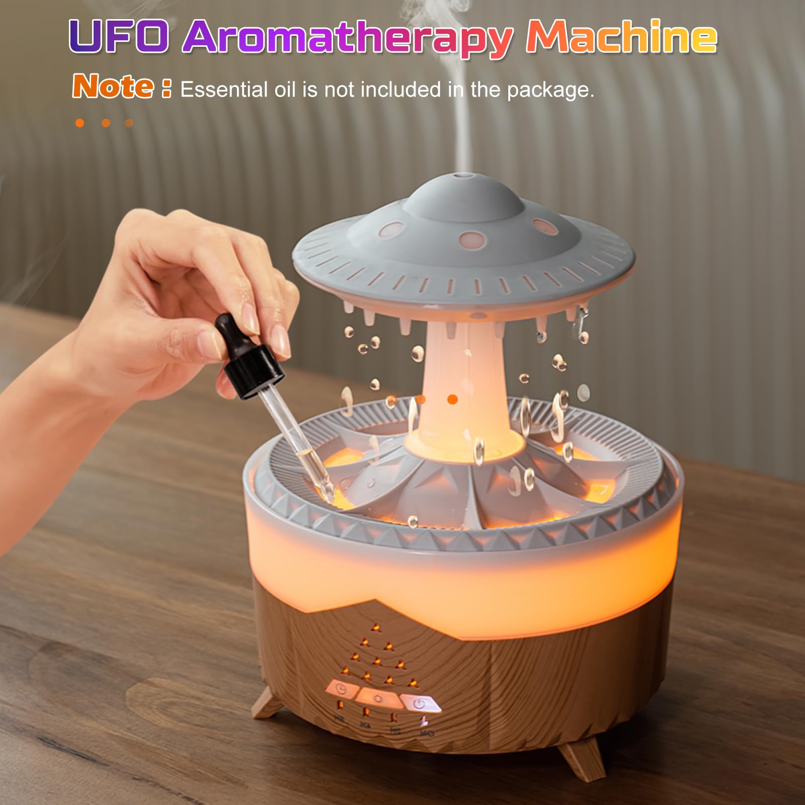 Biupky Rain Humidifier Diffuser Water Drip Humidifier with Remote Waterfall Lamp UFO Humidifier Rain Sounds White Noise Humidifier Air Humidifiers for Bedroom Desk