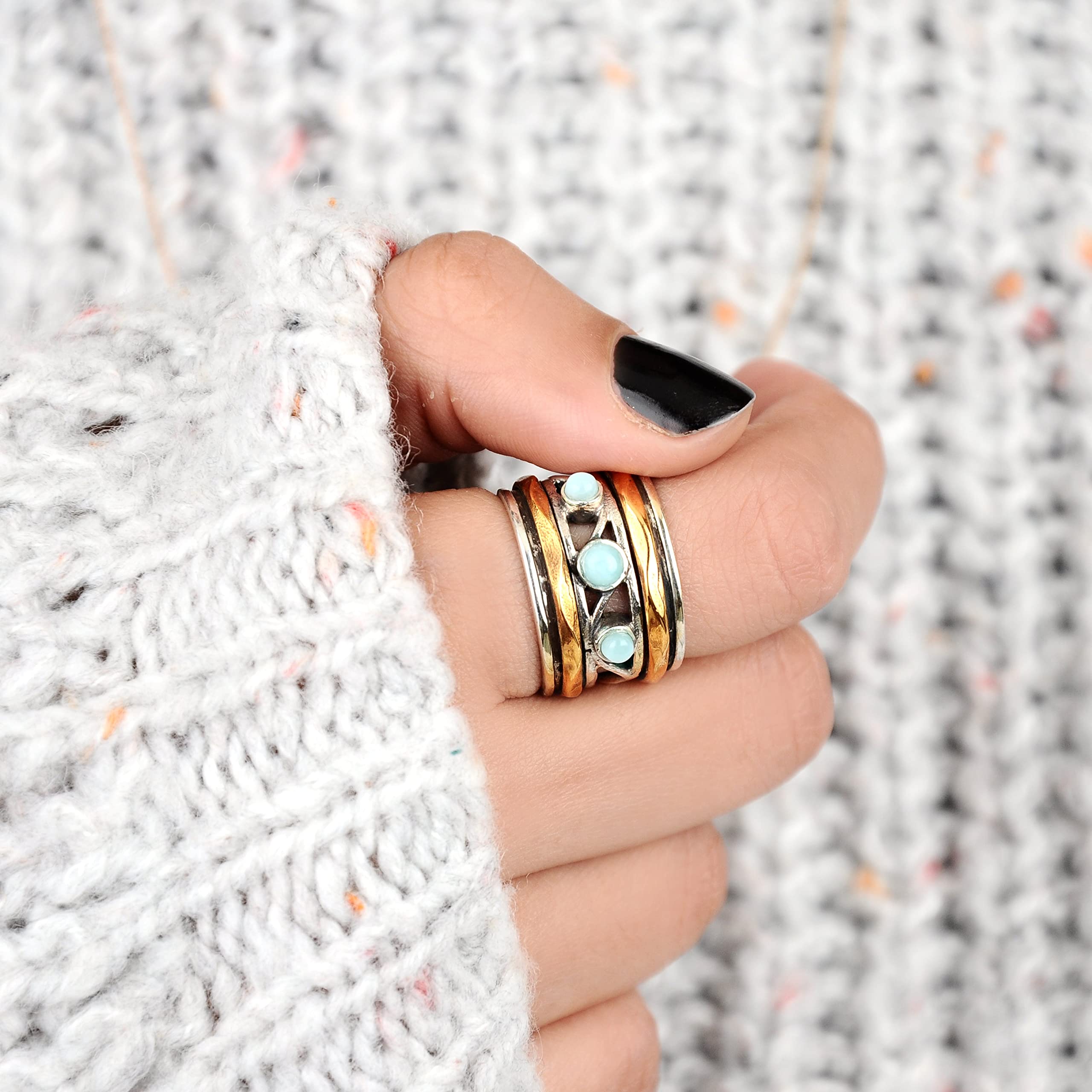 Boho-Magic 925 Sterling Silver Larimar Spinner Fidget Ring for Women with Brass Spinning Bands (11)