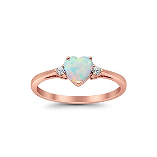 Blue Apple Co. 925 Sterling Silver Ring Rose Tone Heart Shape Created White Opal and Clear Cubic Zirconia Accent, Size - 7