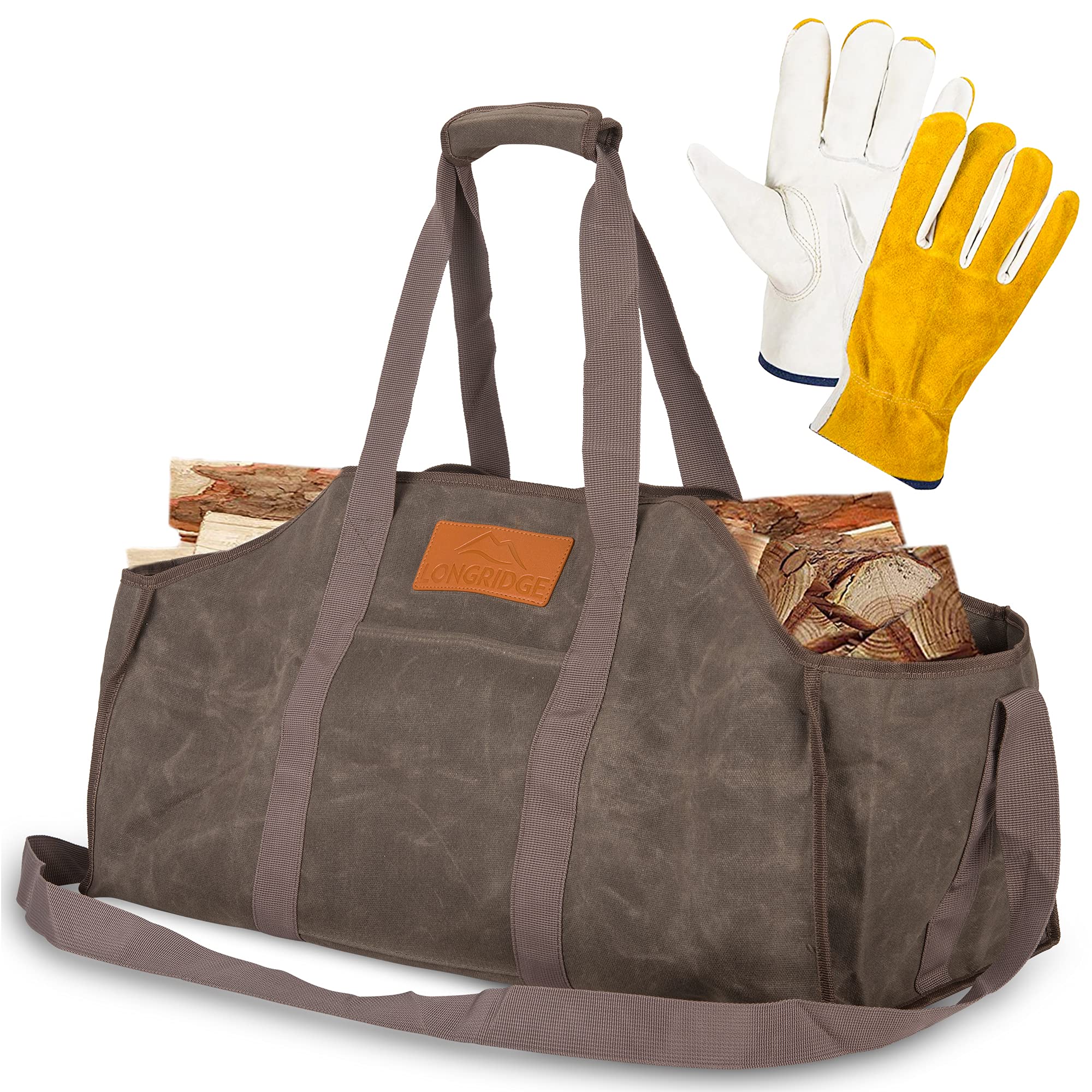 Longridge Extra Large Firewood Log Carrier Bag Tote with Leather Gloves. Durable Waxed Canvas,Handles and Shoulder Strap. Home,Camping or Gift,Grey Waxed Canvas,24 x12x12.6