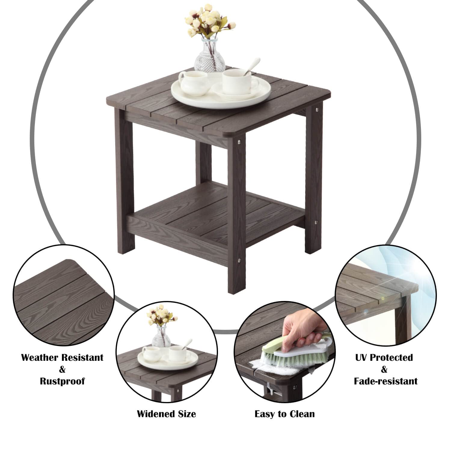 hOmeHua Weather Resistant Side Table, 17 inch Square 2-Layer Structure Wide Desktop, Imitation Wood Stripes, Easy to Assemble & Maintain, Suitable for All Indoor & Outdoor Places- Dark Brown