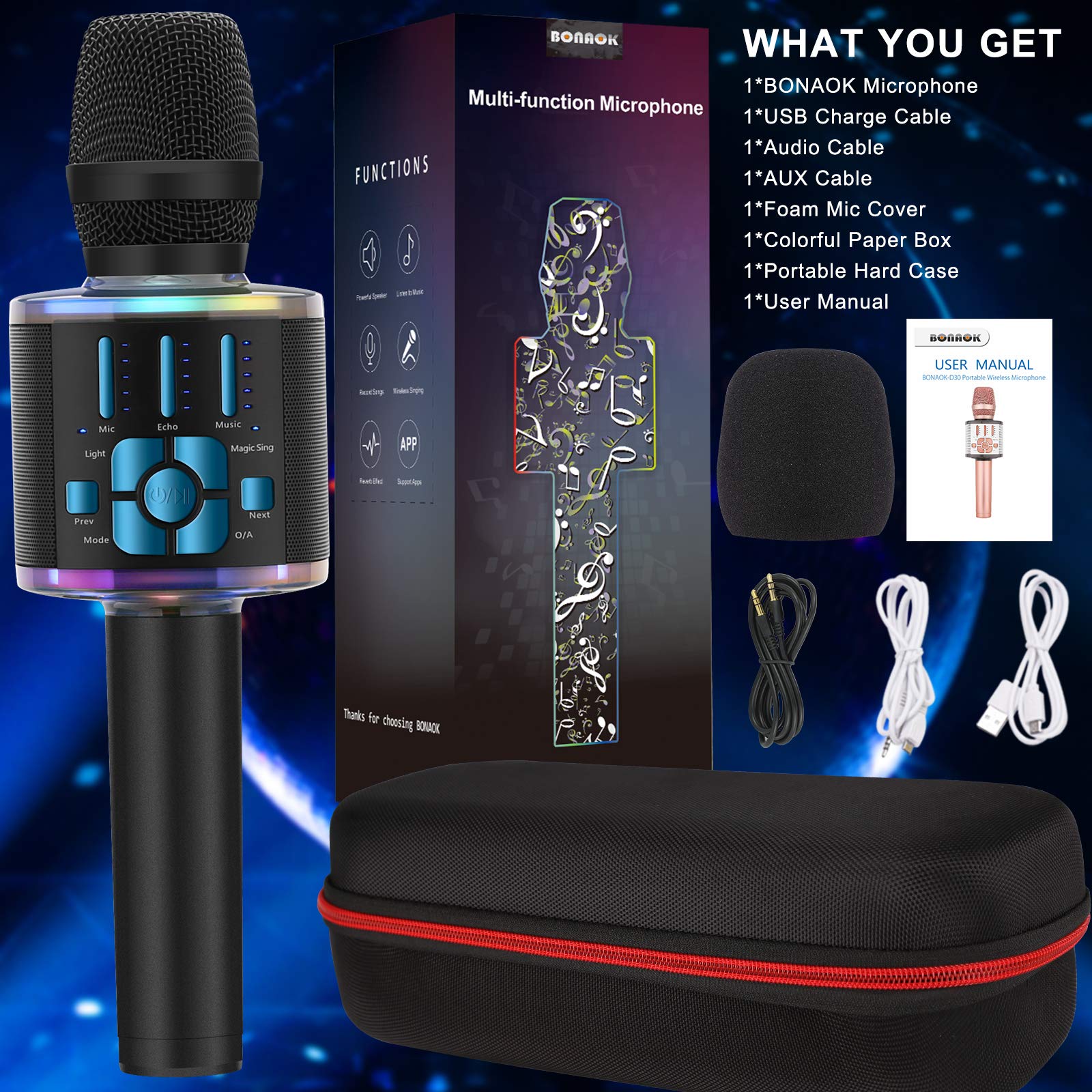 BONAOK Wireless Bluetooth Karaoke Microphone with Magic Voice, Portable Handheld Mic and Speaker Machine for Home Party Birthday PC/All Smartphones D30(Blue)