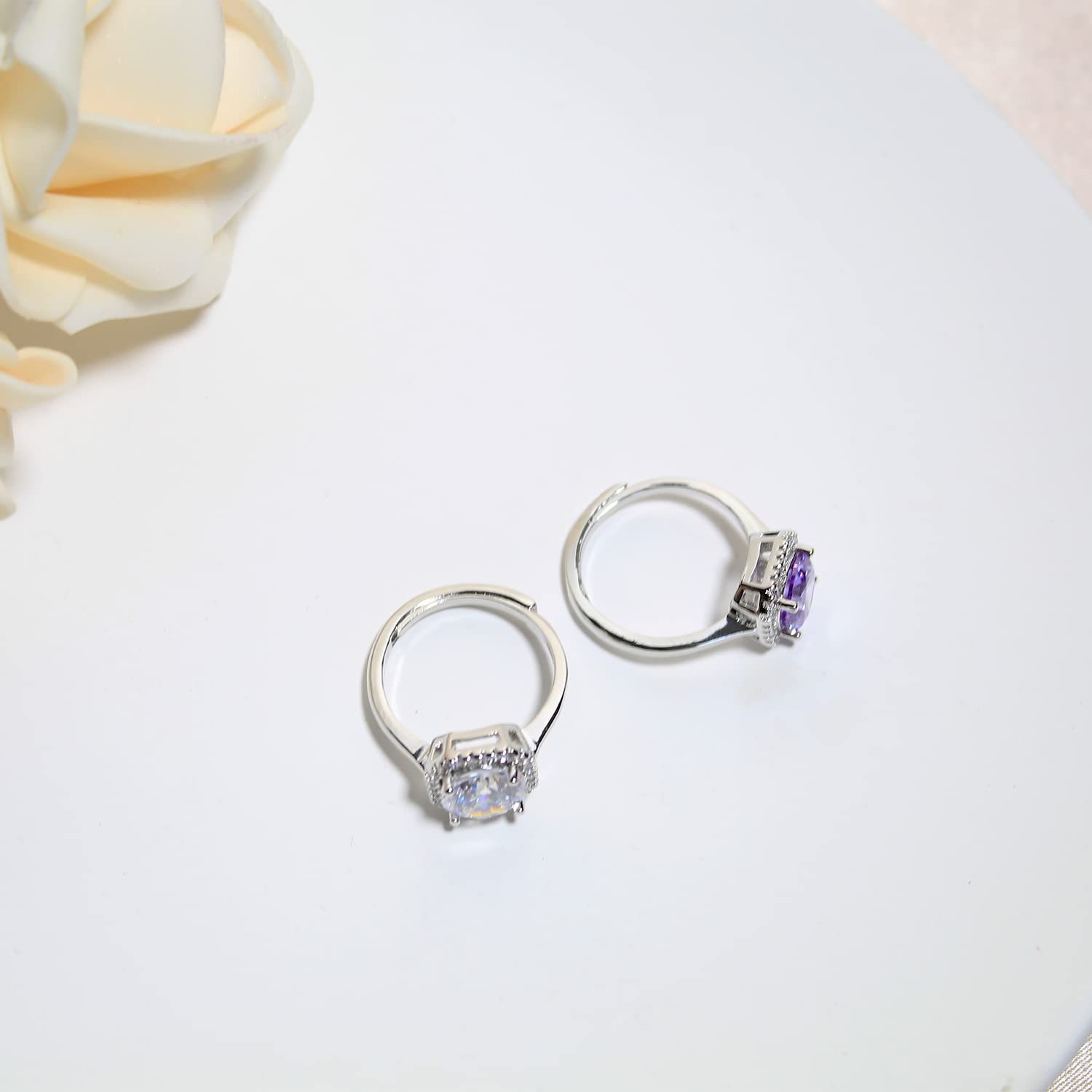 CHERUBIC Platinum Plated Sterling Silver Square Halo Ring For Women Crystal Cubic Zirconia Birthstone Rings Adjustable