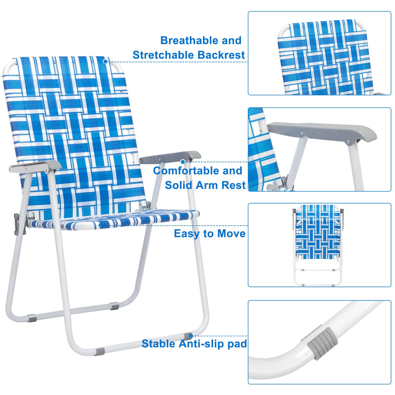 EEBUIHUI Set of 2 Folding Patio Lawn Chairs, Webbed Folding Chair Outdoor Beach Chair High Back Seat Portable Camping Chair for Yard, Garden (Blue White)