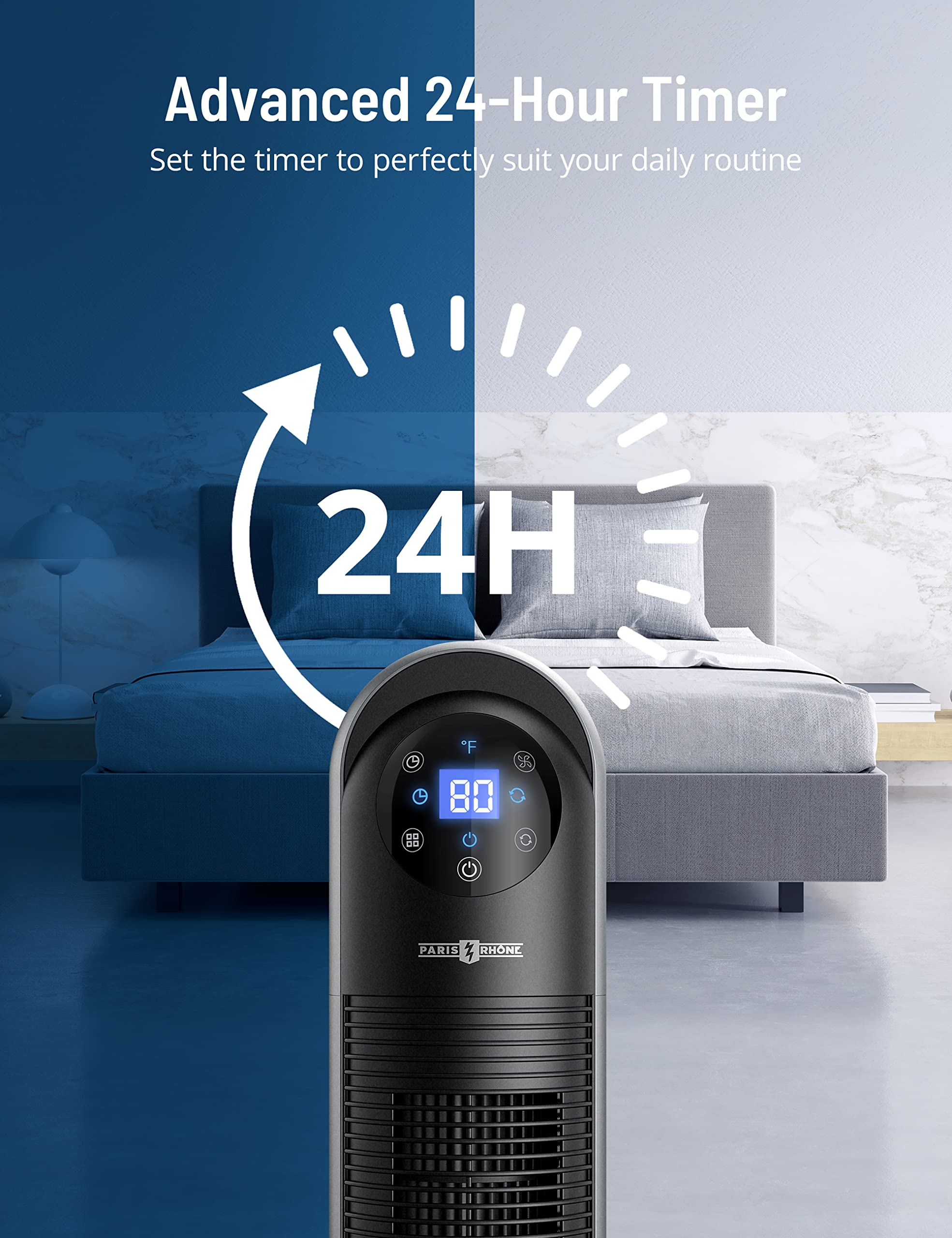 Tower Fan, Paris Rhône Oscillating Tower Fan with 12 Speeds, 24H Timer, 3 Modes, LED Display, Remote Control, Quiet Operation, Portable Bladeless Fan for Bedroom, Living Room, Home Office