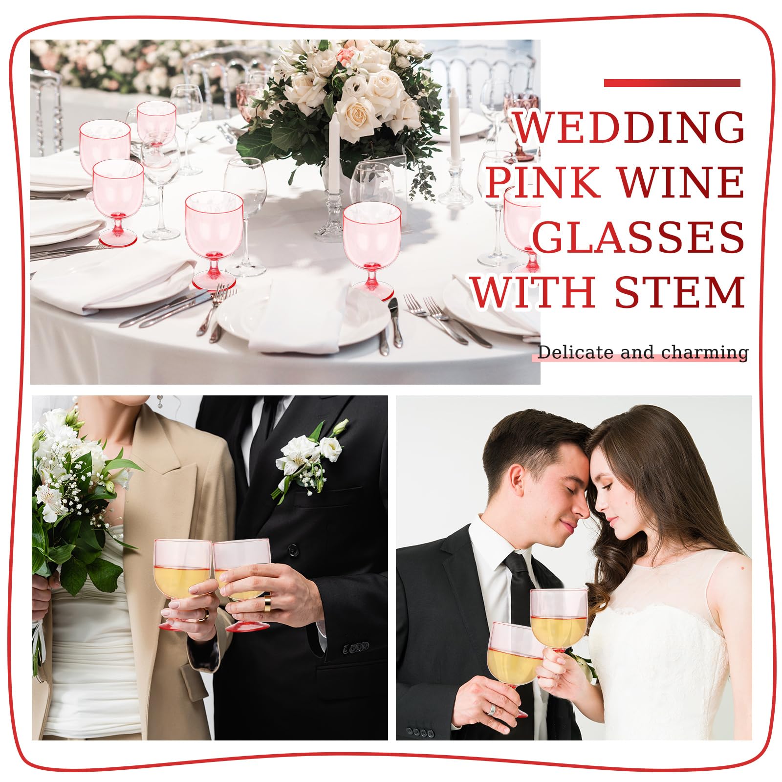 Bokon 16 Pack Plastic Wine Glasses 7.5 oz Wine Glass with Stem Reusable Unbreakable Wine Cups Champagne Goblets Shatterproof Cocktail Drinkware for Wedding Party Indoor Drinking(Pink)