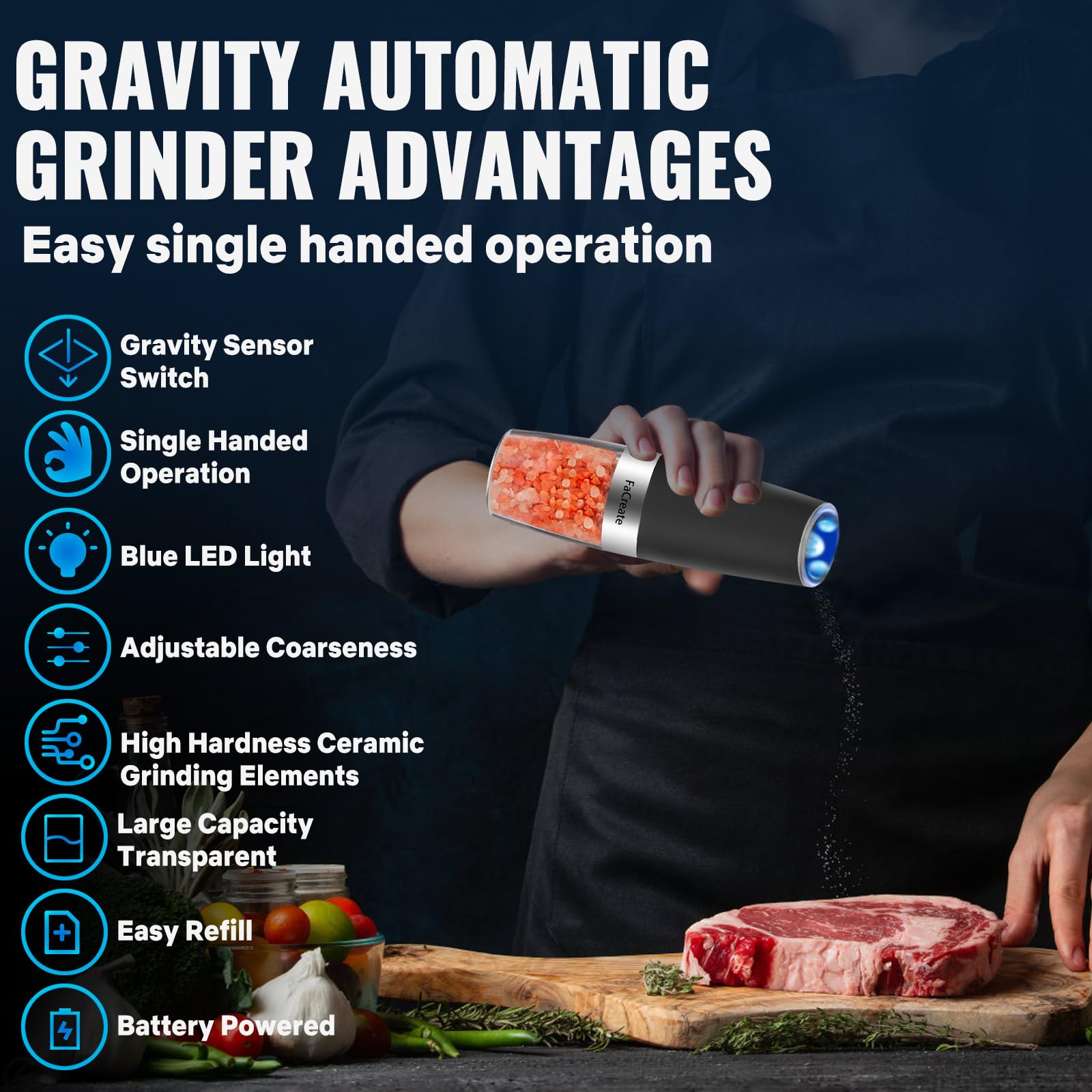 FaCreate Gravity Electric Salt and Pepper Grinder Set,Automatic Operation Electric Salt and Pepper Shakers Set,Battery Powered Adjustable Coarseness Pepper Mill Grinder LED Light, Black (2PACK)