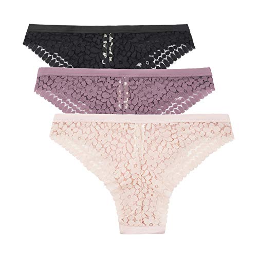 Jessica Simpson Women's Underwear - 3 Pack Microfiber Lace Tanga Panties (S-XL), Size Small, Black/Grape Shake/Rose Smoke