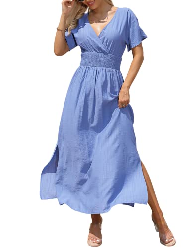 KOJOOIN Womens V Neck Short Sleeve Solid Long Dresses Smocked High Waist Slit Maxi Dress Blue M