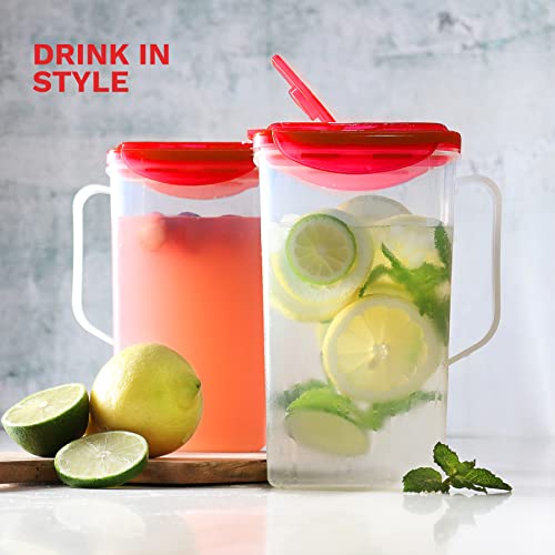 Pitcher 50 Oz. (Set of 2) Plastic Pitcher with Lid | Jug for Fridge | Juice Container with Lid | Iced Tea Pitcher | Airtight Pitcher with Spout Perfect for Lemonade, Water. BPA Free, Red (Small)