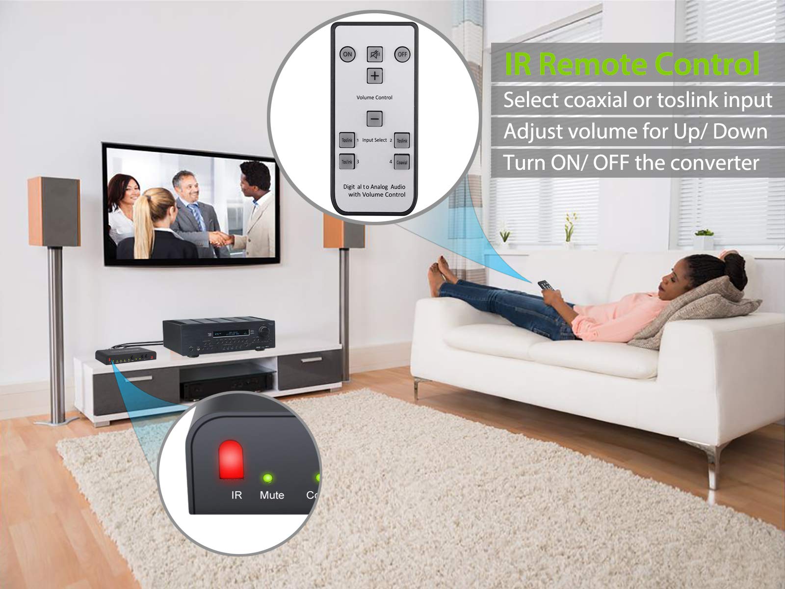 LiNKFOR DAC Converter 192kHz Digital to Analog Audio Converter 3 Optical SPDIF Toslink + 1 Coaxial Switch to Analog Stereo L/R RCA 3.5mm Audio Adapter Support Volume Control/Mute/Power ON or OFF by
