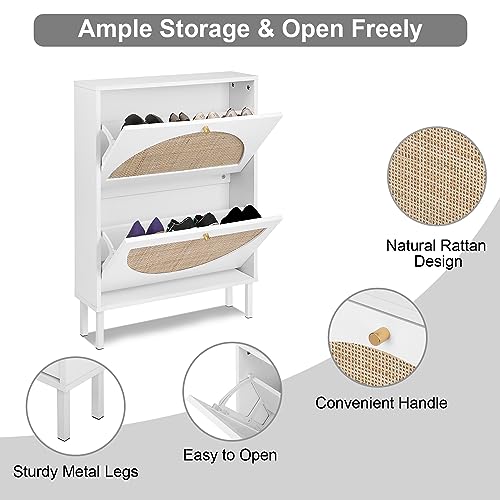 Goderfuu Rattan Shoe Cabinet with 2 Flip Drawers, Shoe Rack for Entryway Shoe Storage Cabinet, 2 Tier Small Shoe Cabinet Slim Shoe Storage Cabinet, White Shoe Cabinet for Heels, Boots, Slippers