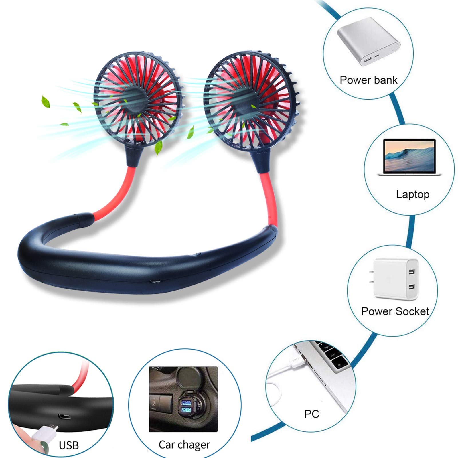 LUCKY CUP Neck Fan Portable, 2 Pack Mini Personal Battery Powered Hand Held Fan Cooler 360 Degree Free Rotation for Outdoor Traveling, Sports, Office, Reading