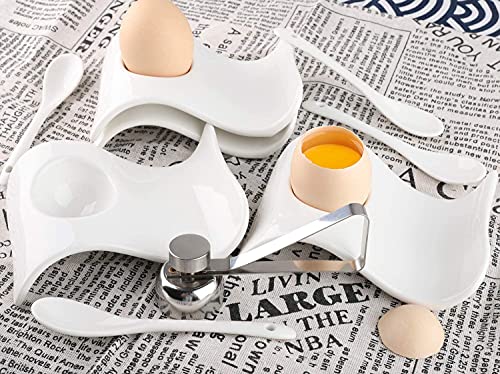 Ceramic Egg Cups Holder Porcelain Egg Cup for Soft Boiled Eggs with Stainless Steel Egg Cracker Topper Cutter 4 Egg Spoons Egg Cups Stand Plates Set (9)