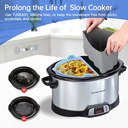 TUSEASY Slow Cooker Liners Compatible for Crock Pot 6-7 Quart Oval Slow Cooker, Silicone CrockPot Divider Insert Reusable, Leak Proof, BPA Free, Dishwasher Safe, Non-Stick (Grey+Blue)
