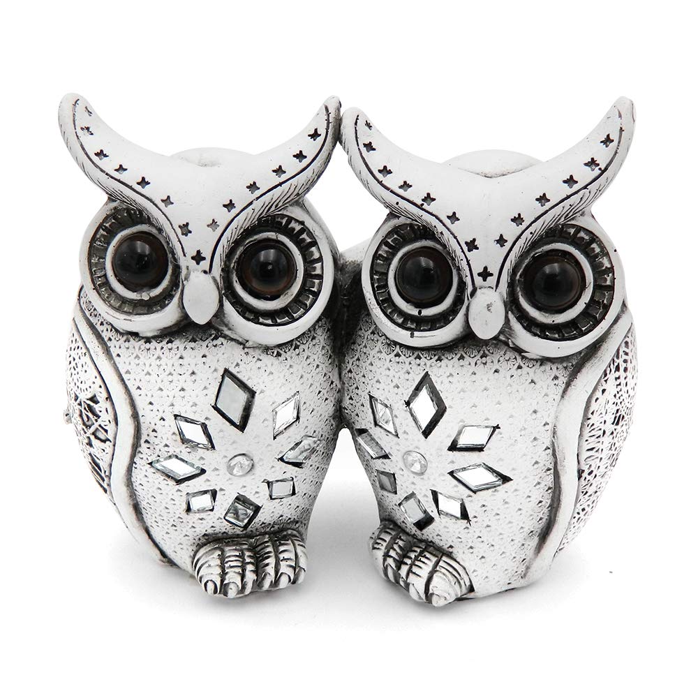 Rockin Owl Figurine Couple Set Cute Statue, Unique 2 White Owls Together - Nice Decoration for Home Office, White/Black