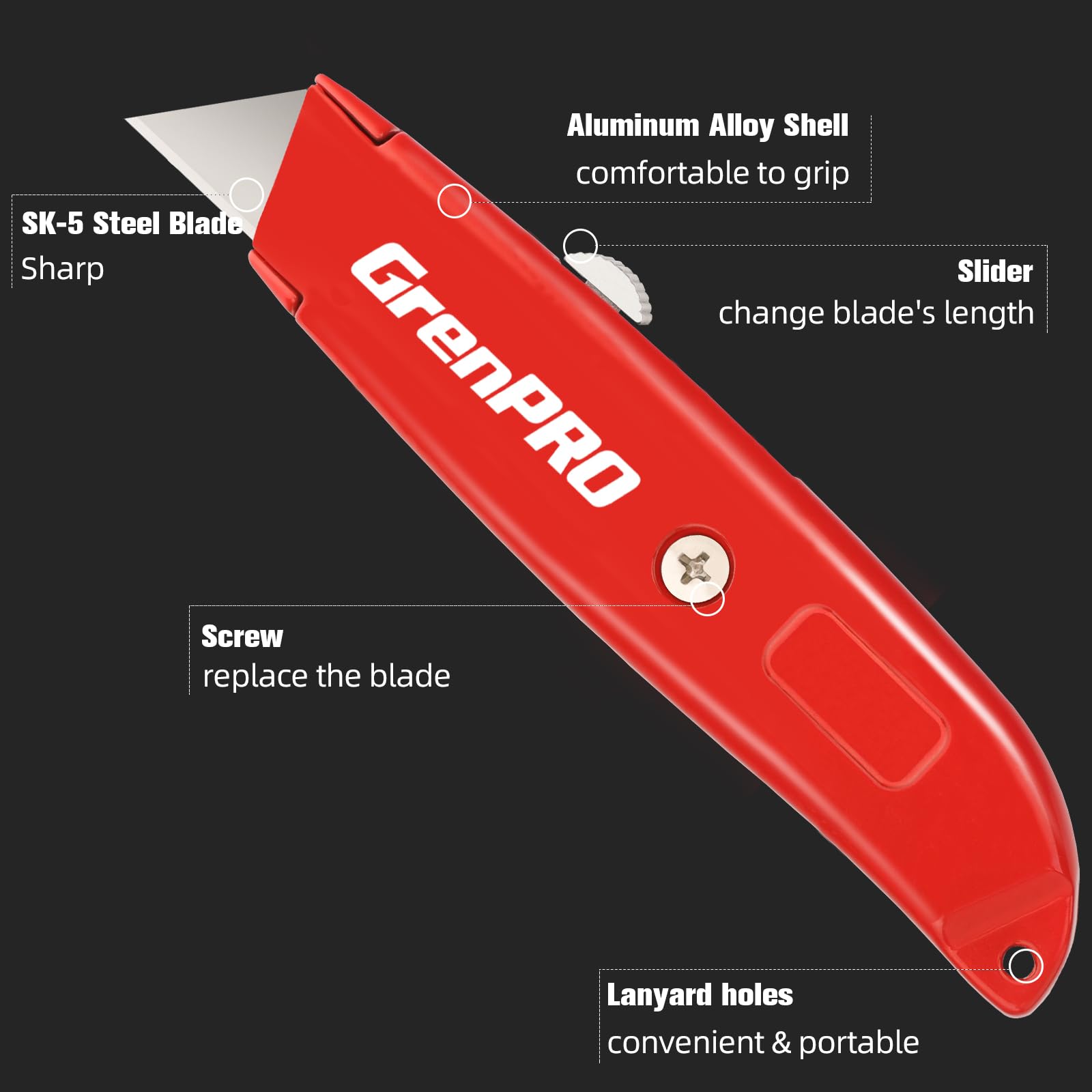 GRENPRO 12 Pack Utility Knife, Portable Box Opening Knife, Retractable Blade SK5 4 Color Heavy Duty Aluminum Shell Utility Knife for Cartons, Cardboard and Boxes,Extra 20PCS Trapezoid Blades Included