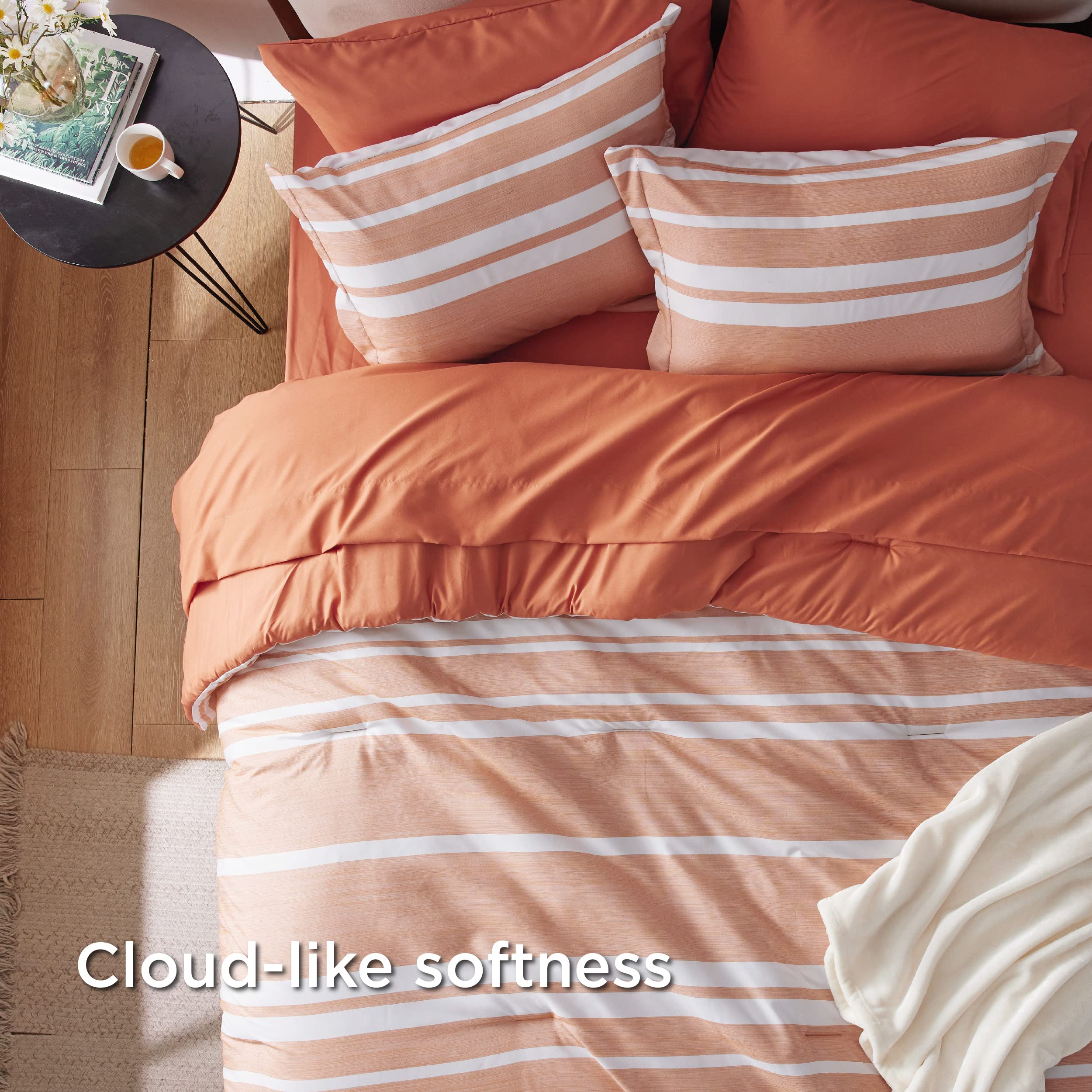 Bedsure Bed in a Bag Queen Size 7 Pieces, Burnt Orange White Striped Bedding Comforter Sets All Season Bed Set, 2 Pillow Shams, Flat Sheet, Fitted Sheet and 2 Pillowcases