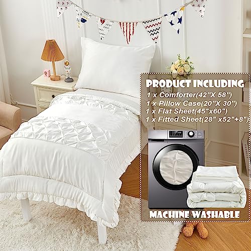 Toddler Bedding Set for Girls 4 Piece white Pinch Pleated Ruffle Fringe Pintuck Toddler Bed Comforter Sheet Set for Kids Bed-in-a-Bag Quilt Crib Set with Comforter,Flat Sheet,Fitted Sheet,Pillowcase