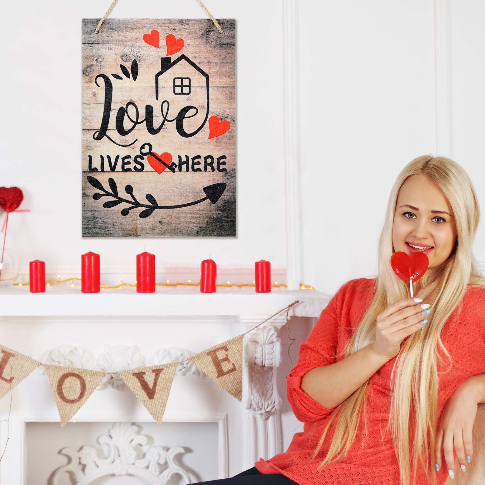 Jetec 2 Pieces Valentine's Day Hanging Wooden Sign Ornament Hanging Wall Plaque Red Heart for Home Garden 10 x 7 Inch