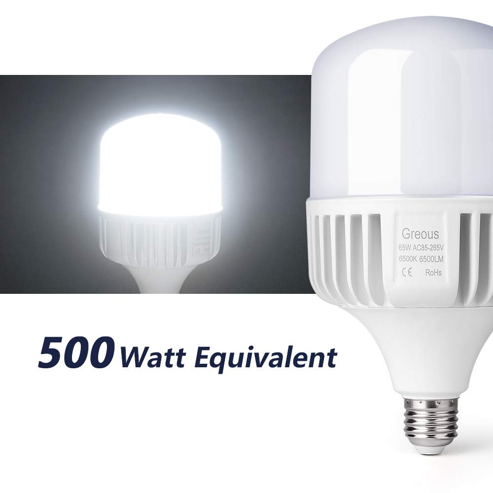 Greous Super Bright 400W-500W Light Bulb Equivalent, 65W LED Bulb 120 Volt Cool White 6500K E26, 6500 Lumens,High Watt Commercial Retrofit LED Bulbs for Yard Garage Factory Warehouse Workshop
