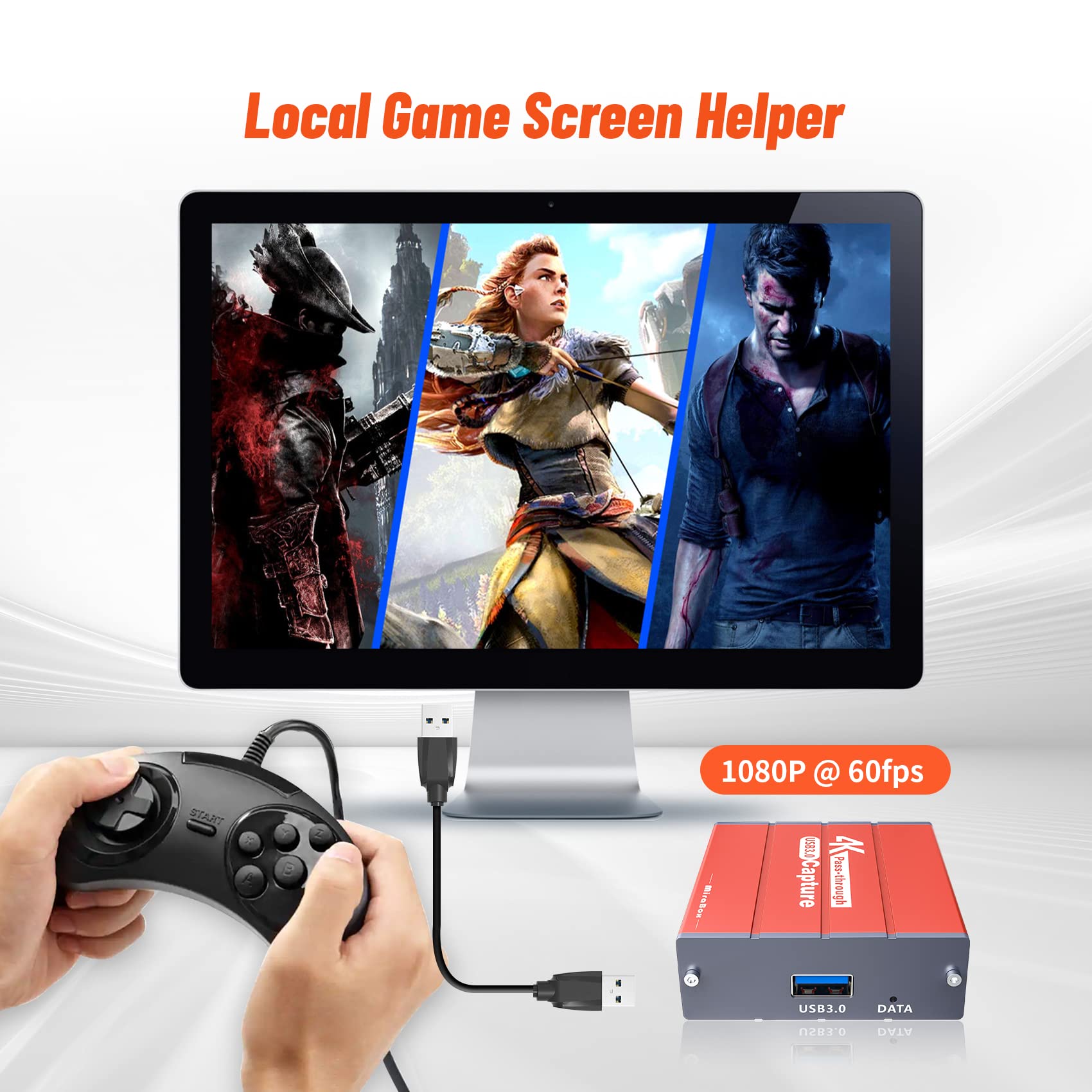 Mirabox USB3.0 4K HDMI Video Capture Card, 1080P 60FPS HD Game Capture Device Cam Link with HDMI Passthrough Work with Xbox PS5 PS4 Switch DSLR for OBS Twitch Live Streaming and Recording (Orange)