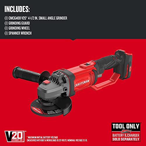 Craftsman V20 Angle Grinder, Small, 4-1/2-Inch with Battery Kit, Charger Included, 4.0-Ah (CMCG400B & CMCB204-CK)