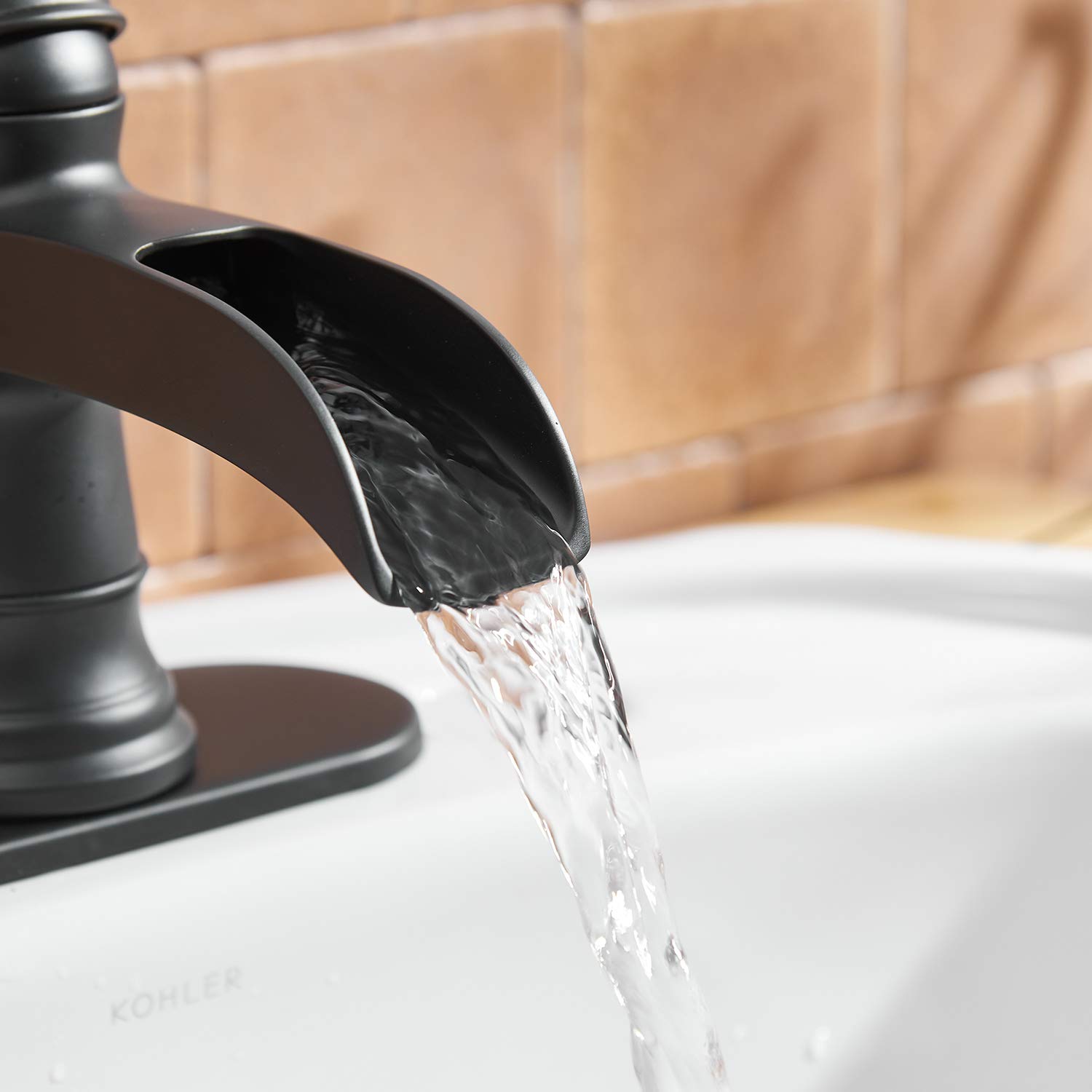 BWE Waterfall Brushed Gold Bathroom Sink Faucet Single Handle One Hole Deck Mount Lavatory Commercial