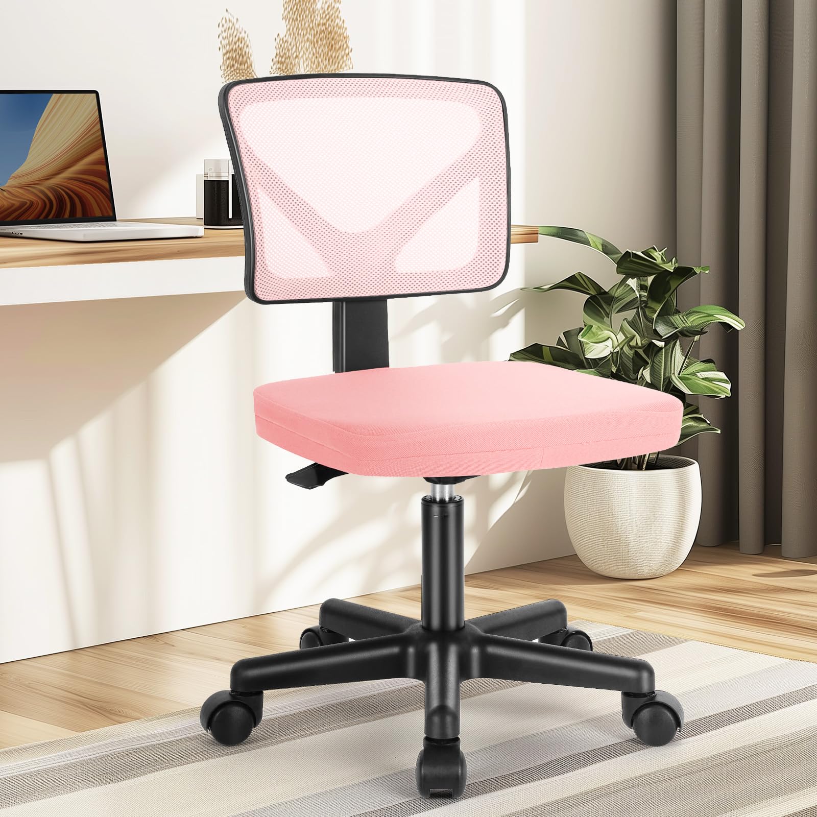 DUMOS Armless Desk Wheels Cute Home Office Chairs, Ergonomic Adjustable Swivel Rolling Task, Comfy Mesh Mid Back Computer Work Vanity Chair for Small Spaces, Light Pink
