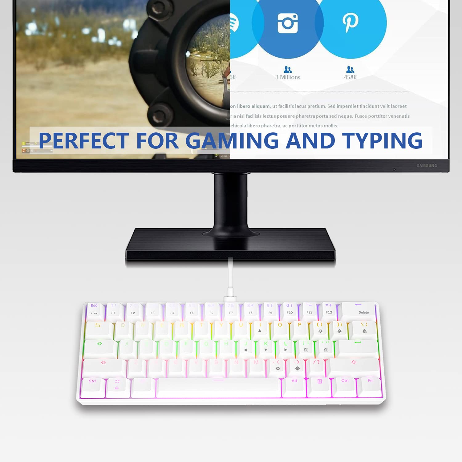 RedThunder 60% Mechanical Gaming Keyboard, 61 Keys Ultra-Compact Wired Mini Keyboard, Rainbow RGB Backlight for Typist Laptop PC Mac Gamer (White, Red Switch)