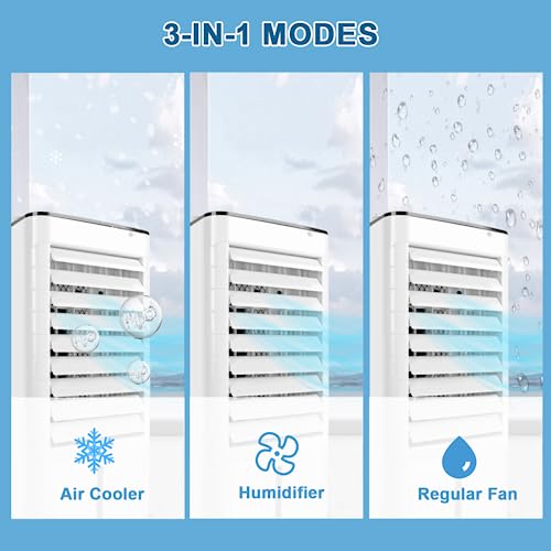 Evaporative Air Cooler,3-IN-1Portable Air Conditioners and Windowless Room Cooler Humidification-Ice Packs-12 Hour Timer-Remote Control,Ideal for Home, Office, Bedroom, Kitchen,School,Garage (Pearl White)