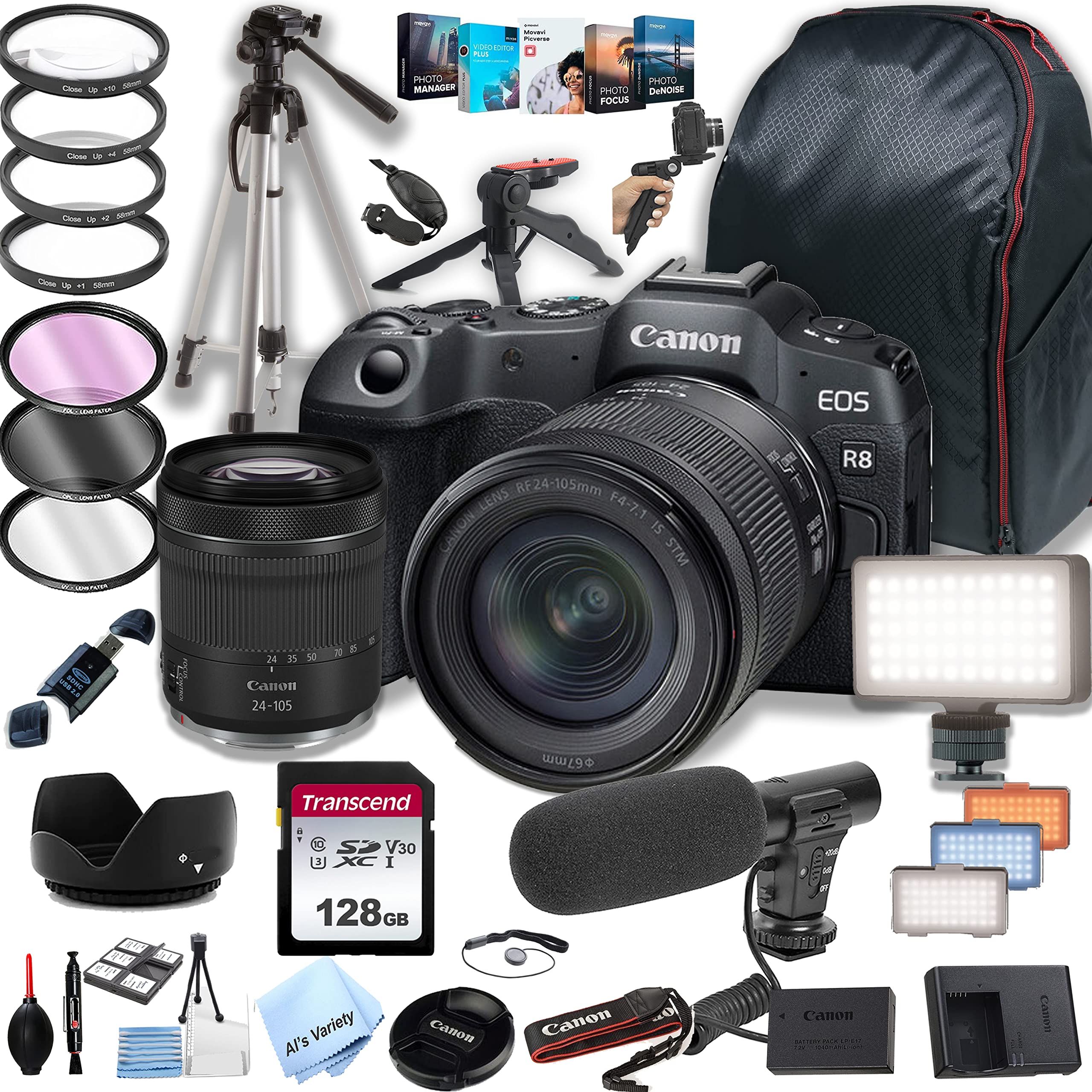 Canon EOS R8 Mirrorless Camera with RF 24-105mm f/4-7.1 is STM Lens+ 128GB Memory + LED Video Light + Microphone + Back Pack + Steady Grip Pod + Tripod + Filters + Software + More (36pc Bundle)