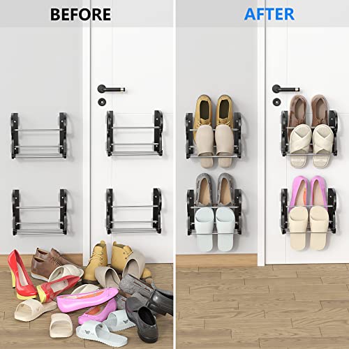 DEYILIAN Wall Mounted Shoes Rack 4 Pack, Hanging Shoe Organizer, Door Hanging Shoe Rack with Sticky Mounts, Wall Shoe Holder for Camper RV Shoe Storage with Hooks No Drilling Black