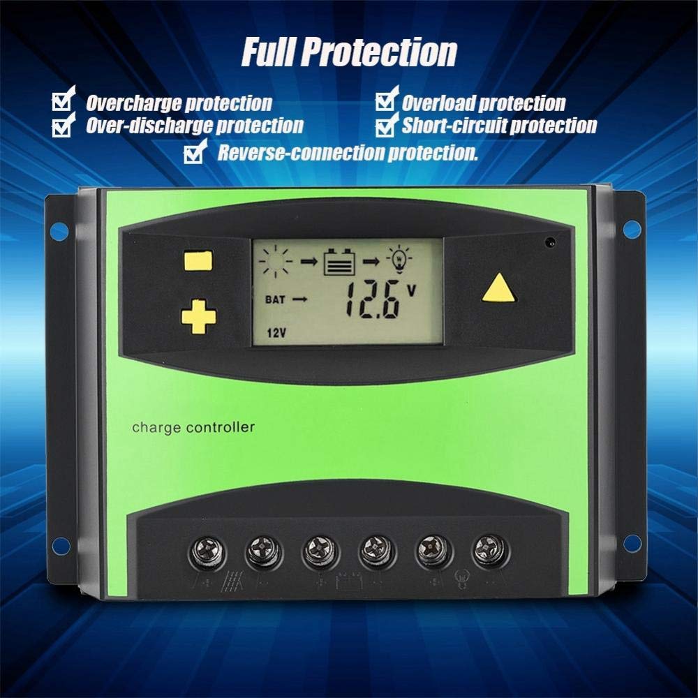 Bewinner Waterproof Solar Charge Controller 60A LCD Solar PV Charge Regulators PWM Solar Charger Controller Dual USB Intelligent Solar Charge and Discharge Controller(60A)