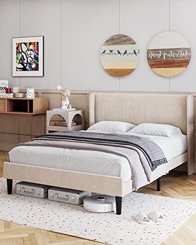 Homhougo Queen Bed Frame, Upholstered Platform Bed with Wingback Headboard, Velvet Upholstered Bed Frame with 2 Storage Pockets, Strong Wooden Slat Support, Easy Assembly, Box Spring Optional, Beige