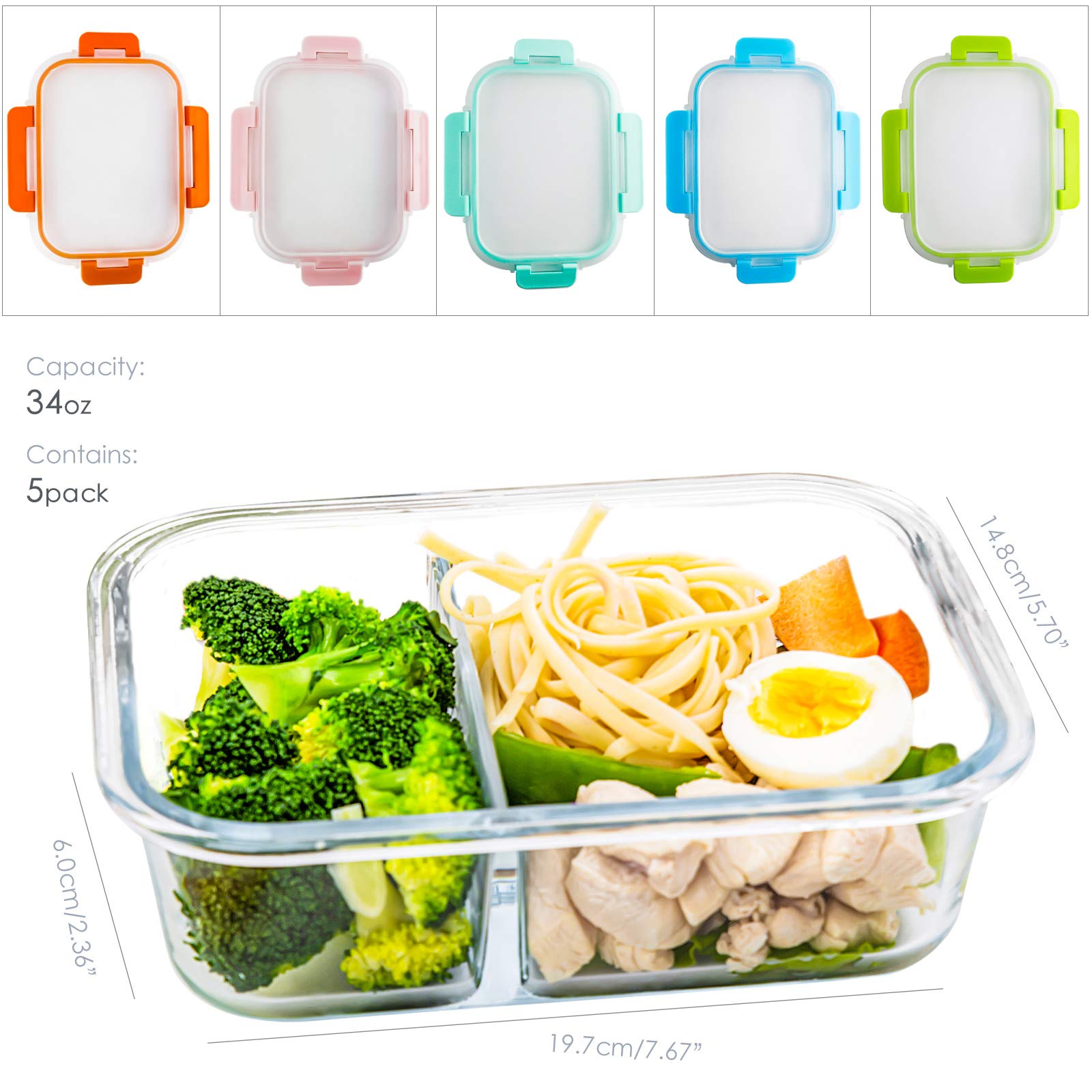 C CREST Glass Meal Prep Containers 2 Compartment Set, 5-Pack, 34oz, Glass Bento Boxes for Adults, Divided Glass Lunch Containers with Lids