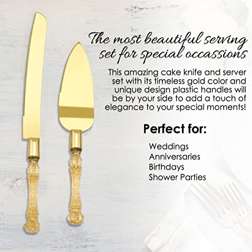 Homi styles Wedding Cake knife and Server Set | Glitter Gold Color Premium 420 Stainless Steel Titanium gold plated Blades | Cake & Pie Serving Set for Wedding Cake, Birthdays, Anniversaries, Parties