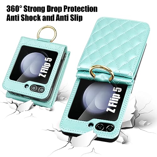 KSRIDOTE for Samsung Galaxy Z Flip 5 Case,Galaxy Z Flip 5 Phone Case Wallet with Card Holder & Ring Crossbody Wallet Case Luxury Gift for Women, Mint Green