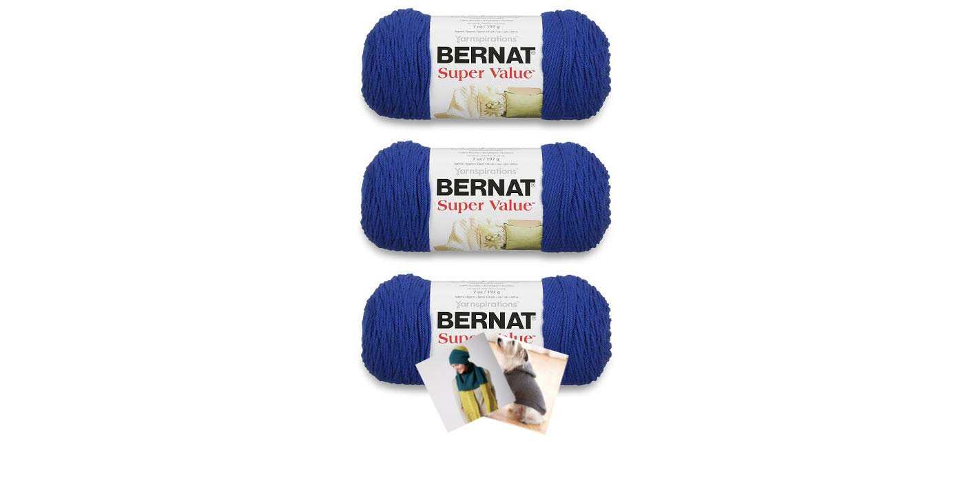 Bernat Super Value Yarn, 3-Pack, Royal Blue with 2 Patterns