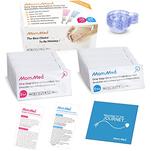 MomMed Ovulation Test Strips, Ovulation and Pregnancy Tests (LH50-HCG20), Includes 50 Ovulation Tests and 20 Pregnancy Tests with 70 Urine Cups, Accurately Track Ovulation and Detect Early Pregnancy