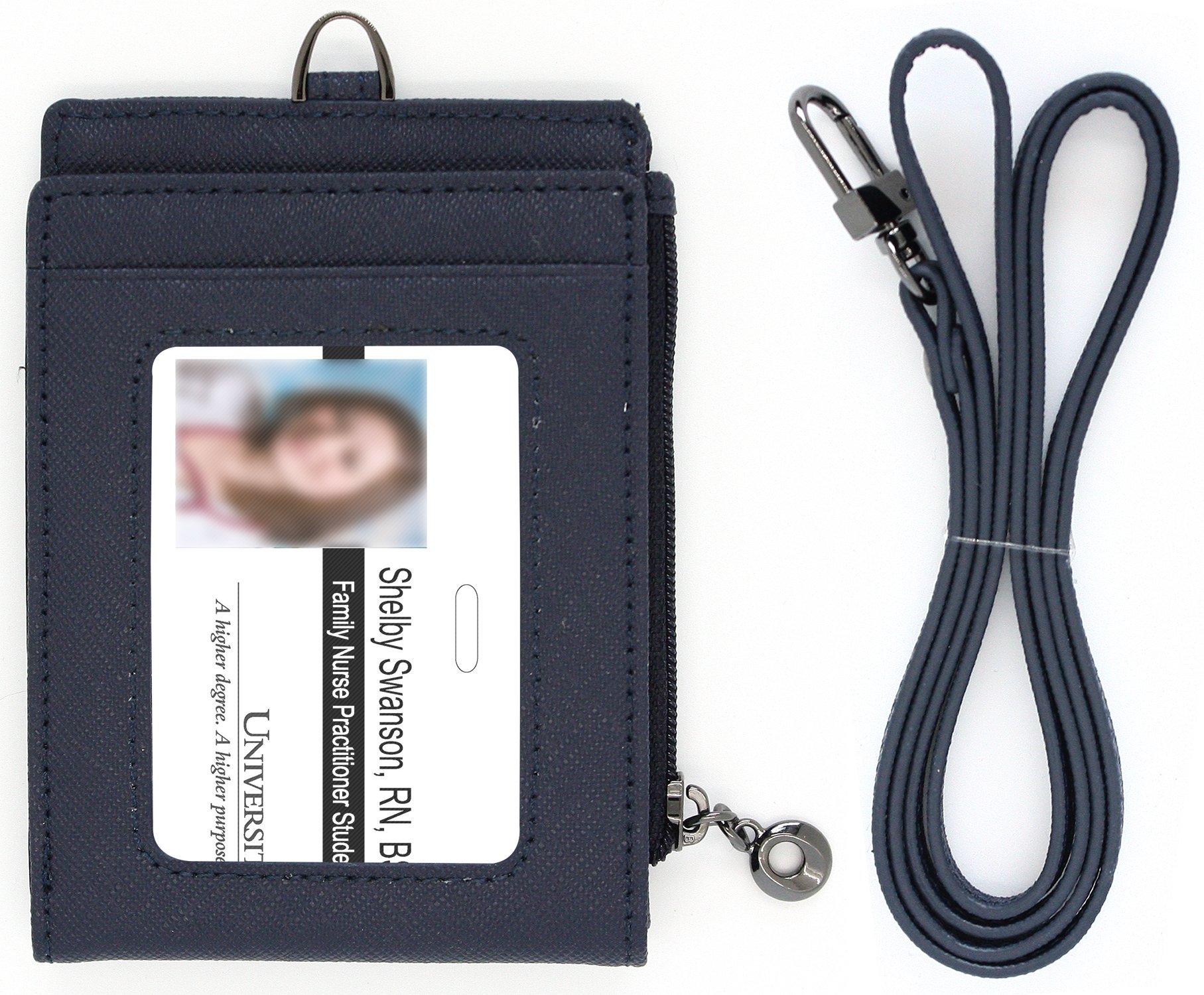 ID Window Card Badge Holder Leather Wallet Zip Neck Detachable Strap Landyard Money