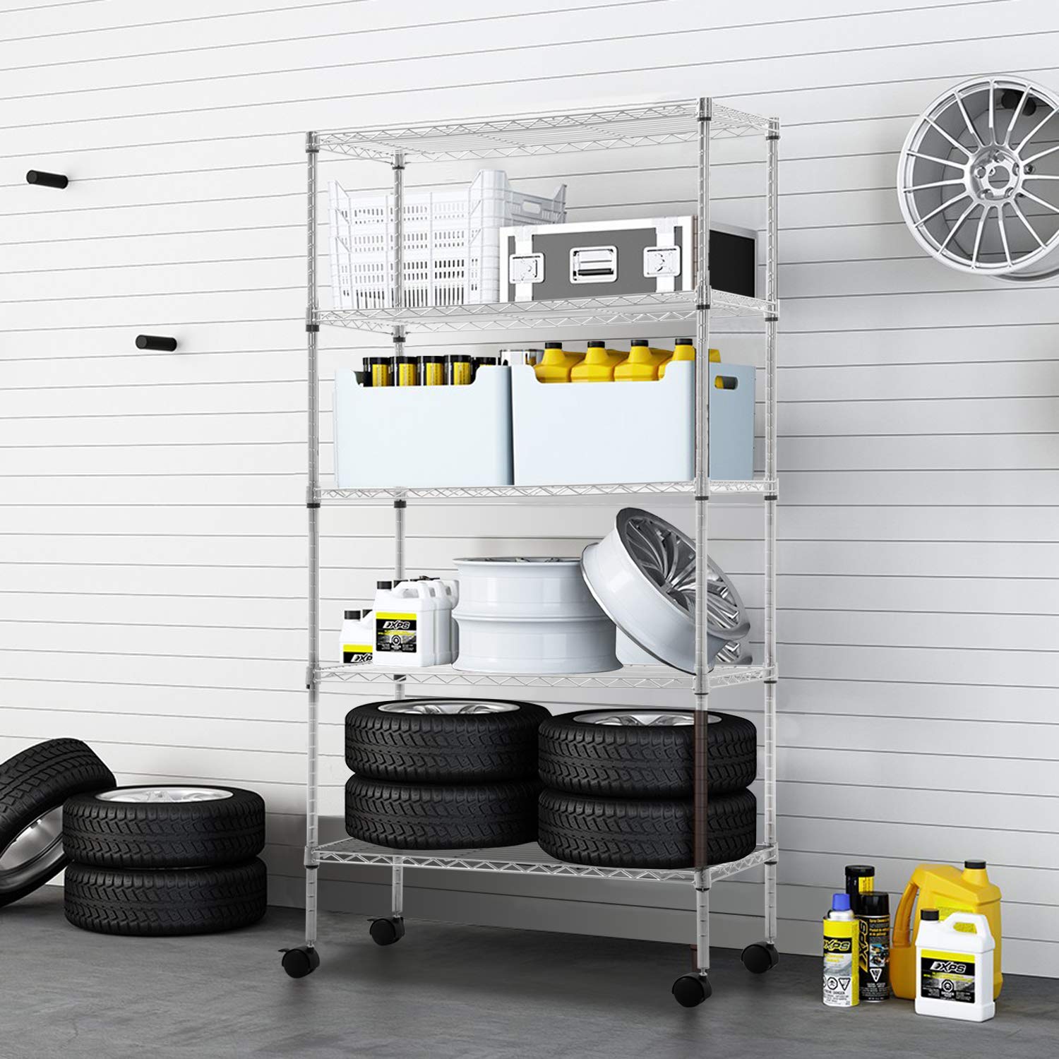 FDW 30" L×14" W×60" H Wire Shelving Unit Commercial Metal Shelf with 5 Tier Casters Adjustable Layer Rack Strong Steel for Restaurant Garage Pantry Kitchen Garage,Chrome