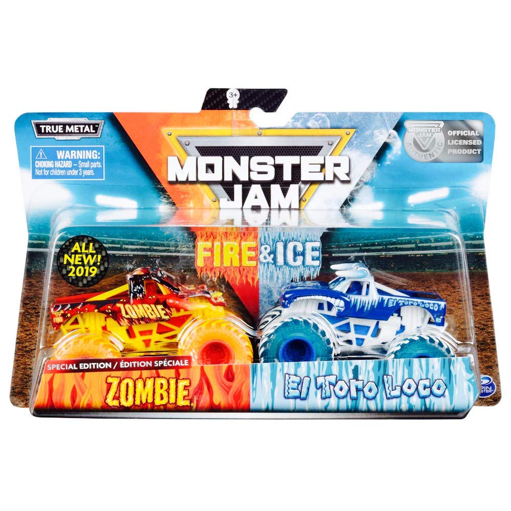 Monster Jam, Fire & Ice Exclusive 2 Pack, Zombie vs. El Toro Loco Monster Truck, Die-Cast Vehicles 1:64 Scale
