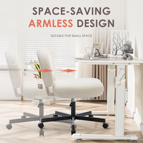 Criss Cross Chair with Wheels-Armless Cross Legged Desk Chair with Adjustable Height, Ergonomic Swivel Vanity Chair Mid Back Computer Home Office Task Chair for Small Space/Bedroom/Study-Beige