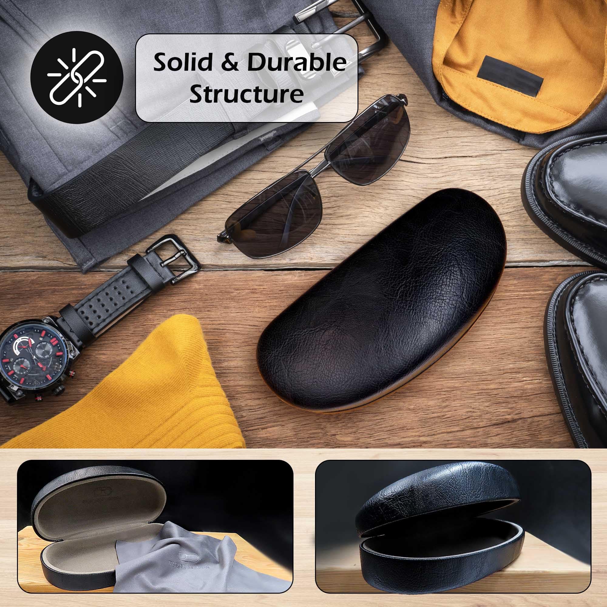 Black Hard sunglasses cases - Glasses Holder Clam Shell - Large eyeglass cases with pouch and cloth distressed Black (AS113 Black and Pouch)